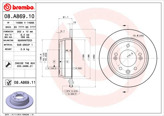 Brembo 08 A869 11 Brake Disc Rotor Pair Rear 262mm Automotive Superstore