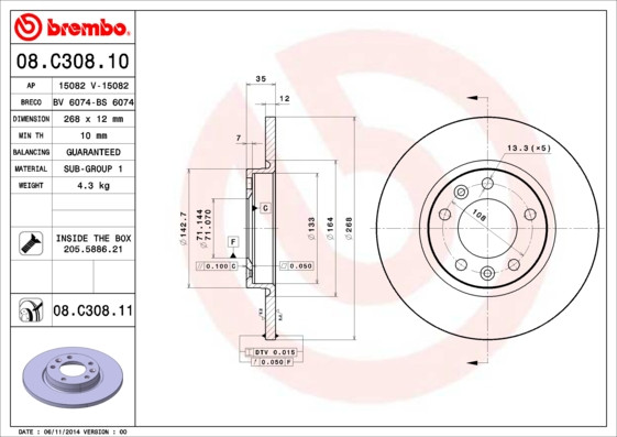 Brembo 08 C308 11 Brake Disc Rotor Pair Rear 268mm Automotive Superstore